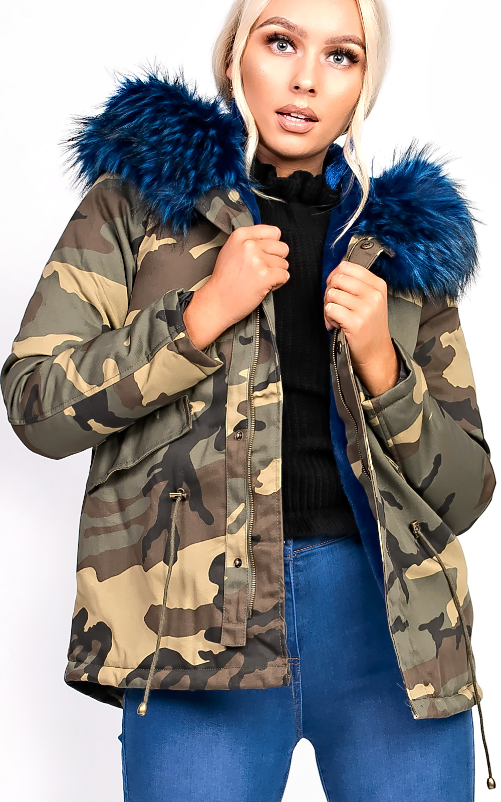 Blue Sara Faux Fur Camo Parka | ikrush