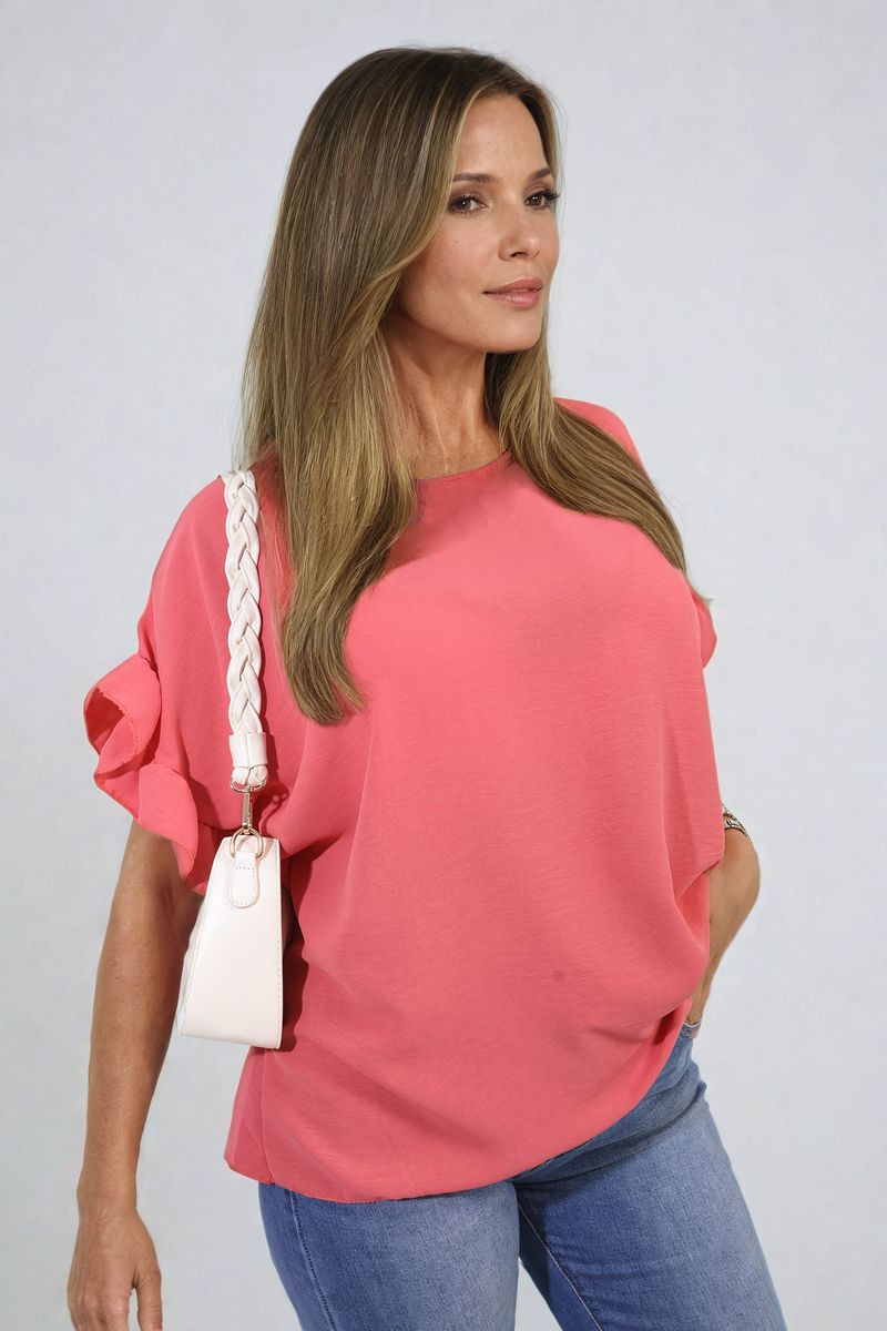 Coral Alexandra Frill Sleeve Top | ikrush