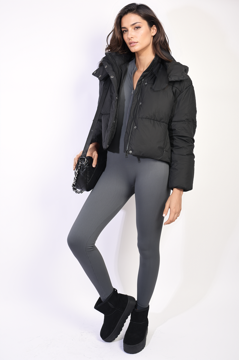 Black Alice Hooded Puffer Jacket with Snap and Zip Closure | ikrush
