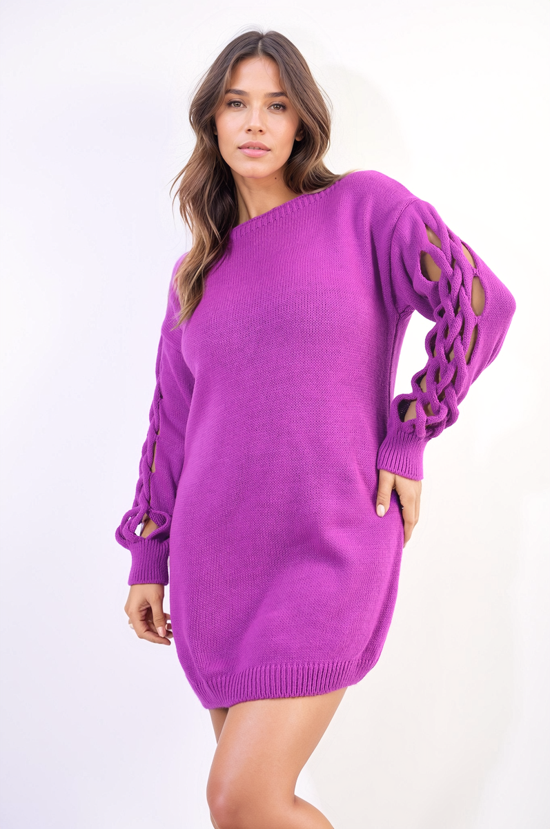 Magenta Avah Cable Knit Mini Dress with Cut Out Detail | ikrush