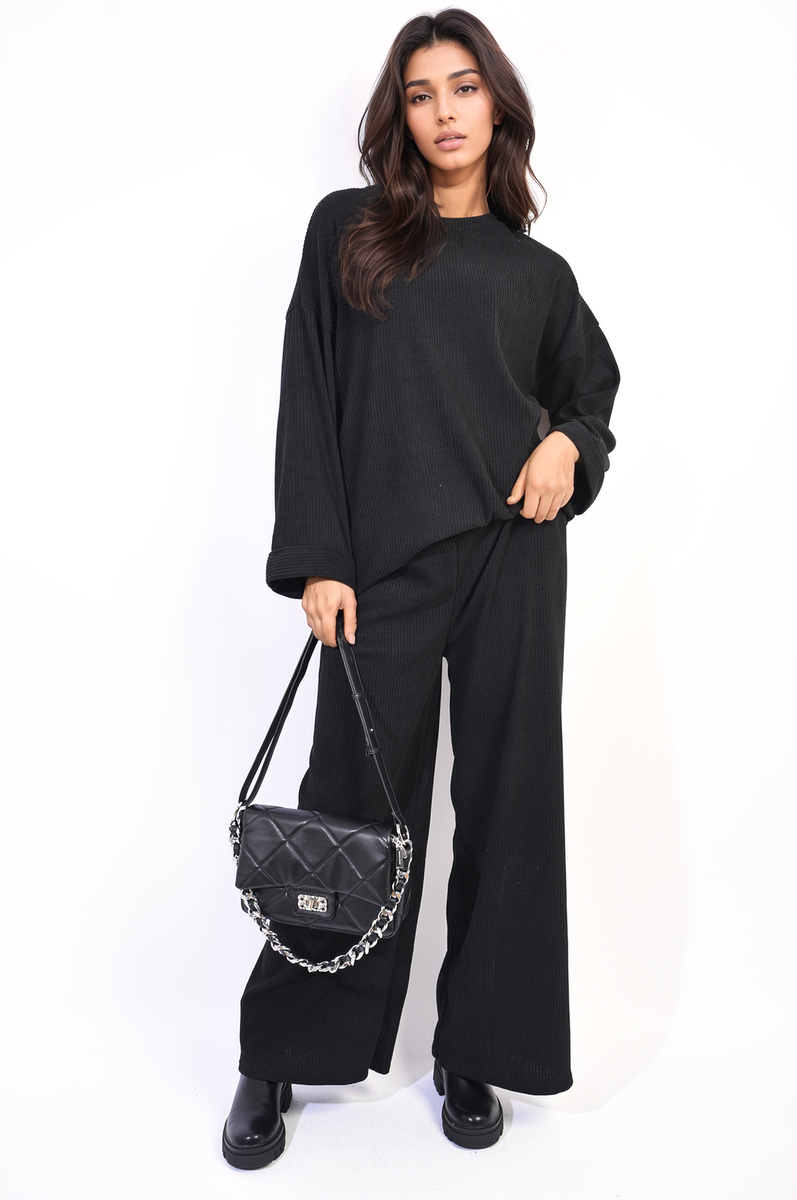 Black Bianca Loose Long Sleeve Top and Wide Leg Trousers Co-ord Set | ikrush