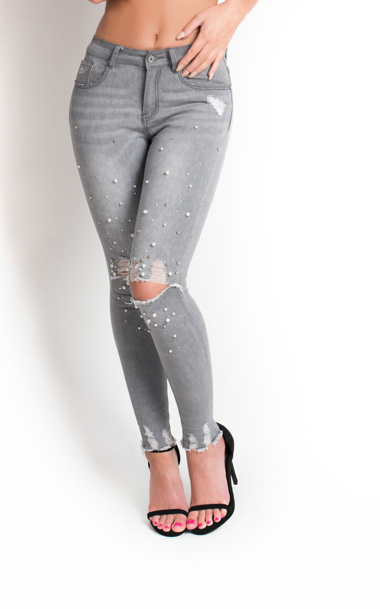 Grey Daria Embellished Frayed Hemline Jeans | ikrush