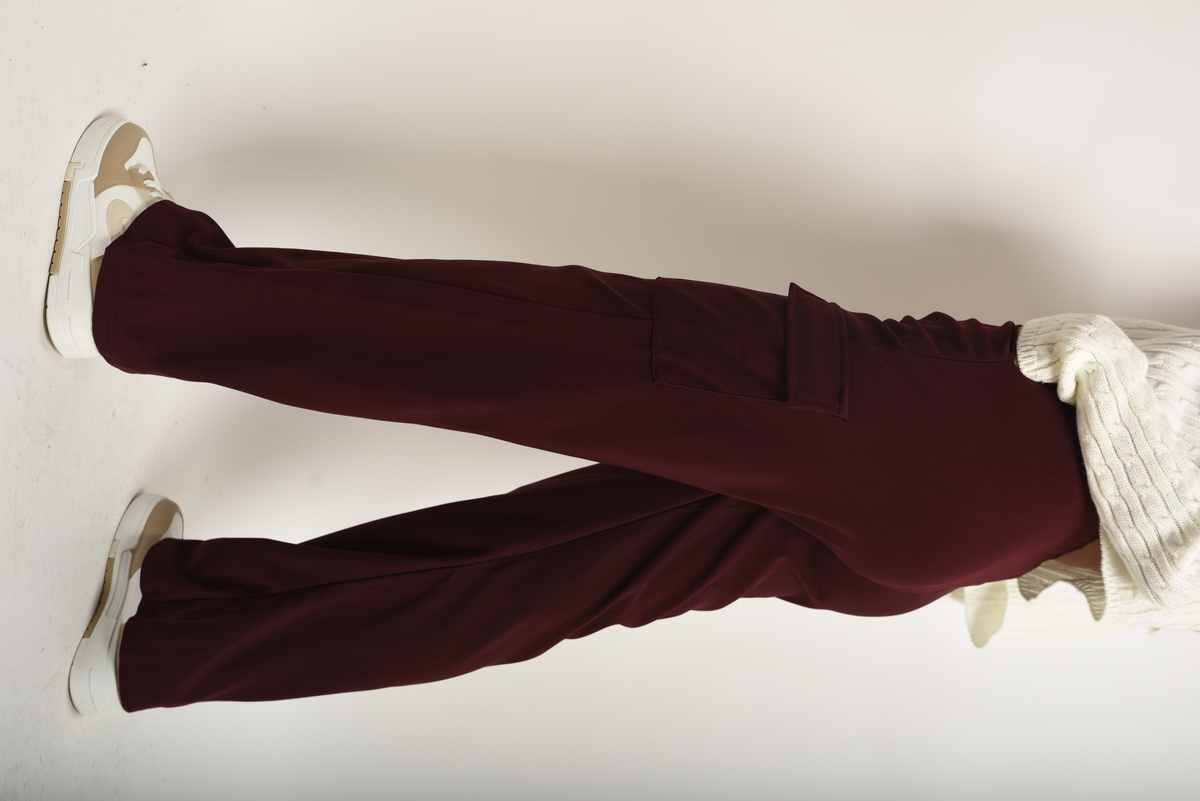 Wine Faye Wide Leg Drawstring Waist Flap Pocket Trouser | ikrush