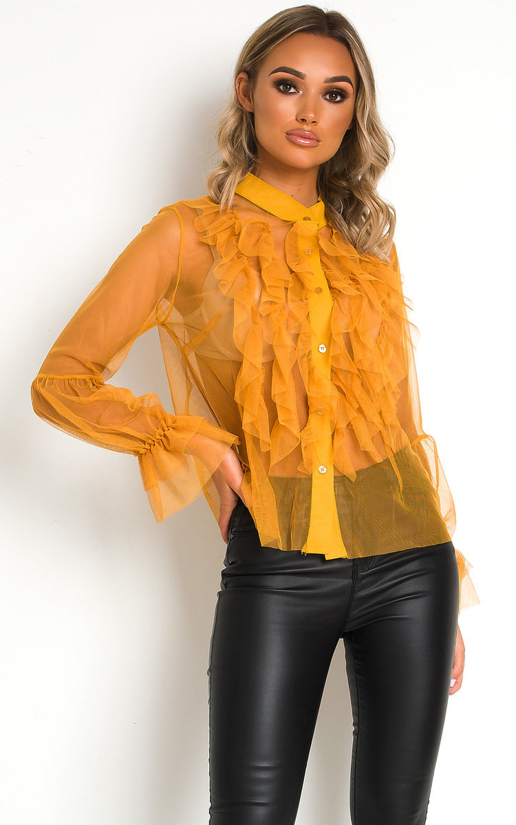 Mustard Hannah Mesh Ruffle Top | ikrush