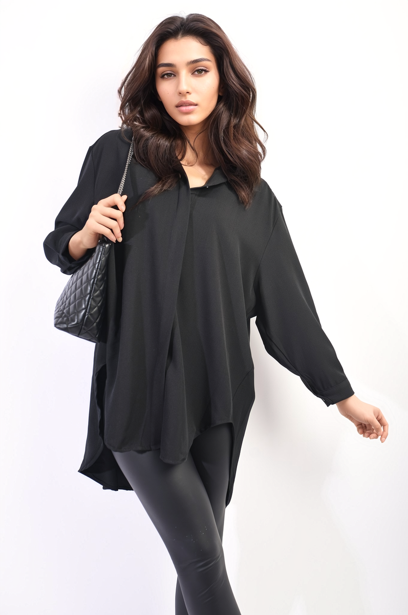 Black Isabella Button Up Oversized Long Back Shirt Dress | ikrush