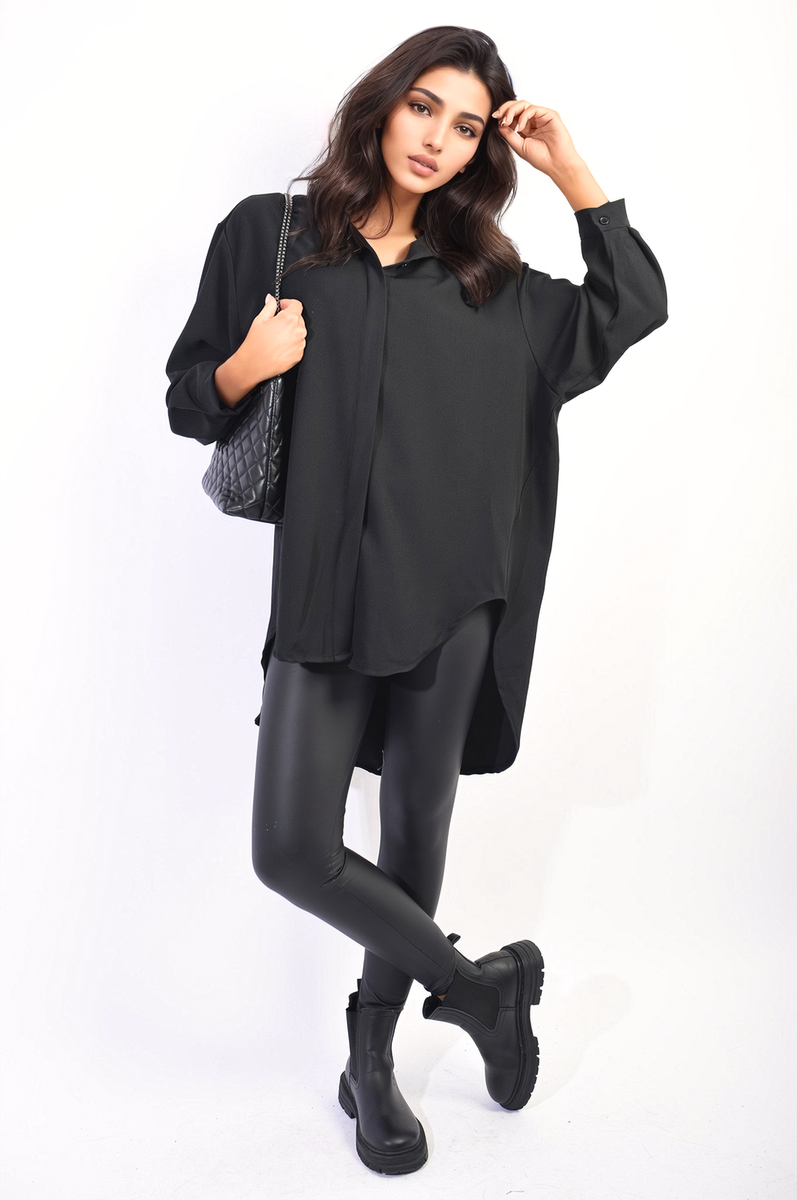 Black Isabella Button Up Oversized Long Back Shirt Dress | ikrush
