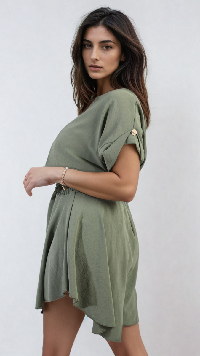 Khaki Julie Roll Sleeve Top and Elastic Shirred Waistband and Shorts Co ...