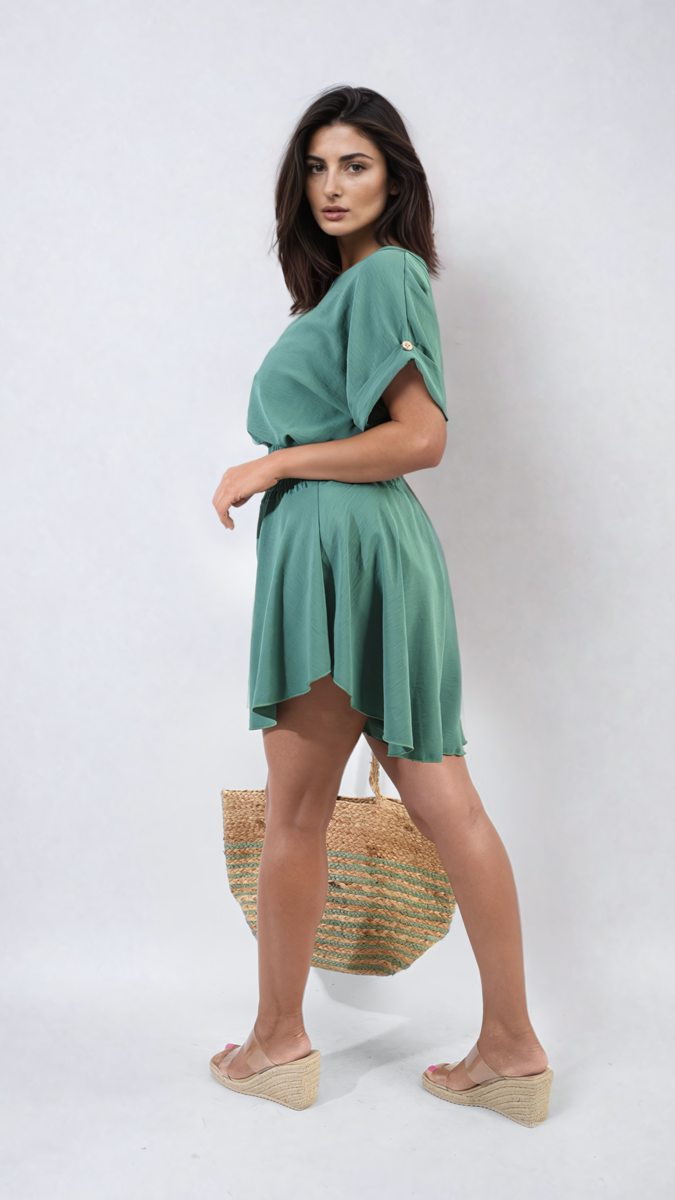 Green Julie Roll Sleeve Top and Elastic Shirred Waistband and Shorts Co ...