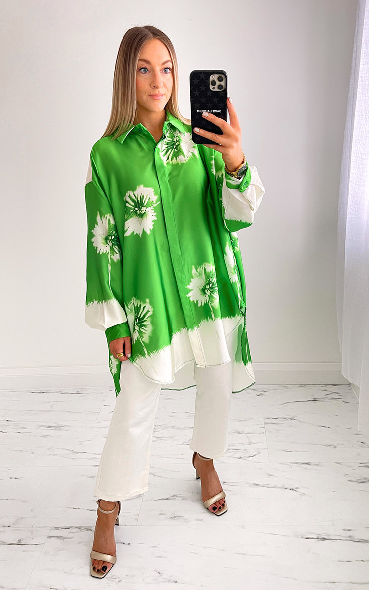 Green Leema Longline Printed Satin Shirt | ikrush