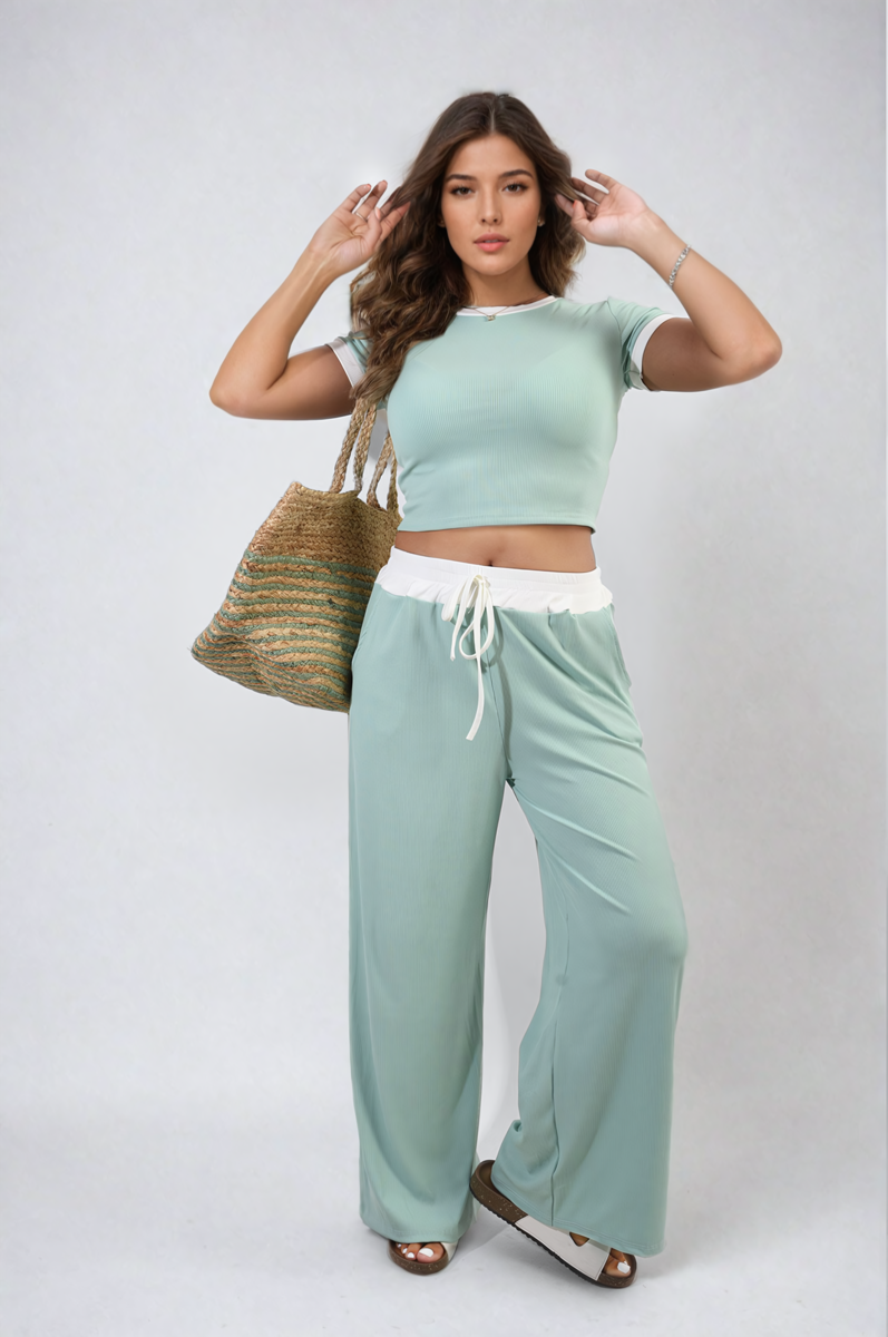Mint Lesley Contrasting Trim Crop Top and Trousers Co-ord Set | ikrush