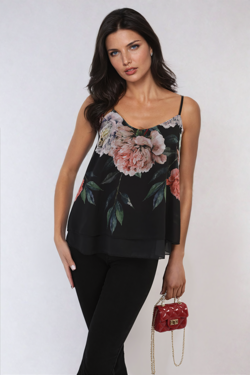Black Luciana Floral Print Layered Cami Top | ikrush