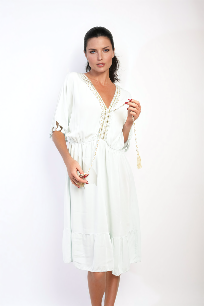 Mint Maja V-Neck Short Sleeve Midi Dress with Tassel Detail | ikrush