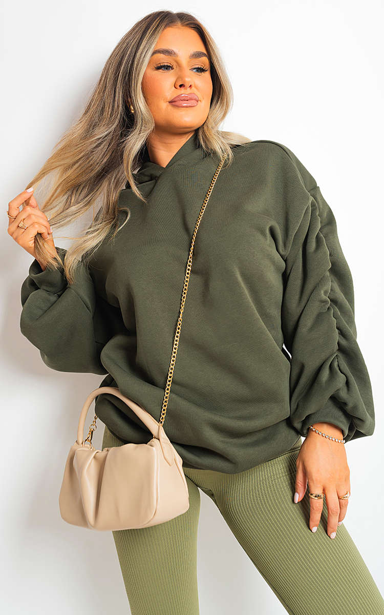 Khaki Molly Fall Winter Oversized Ruched Sleeves Hoodie | ikrush