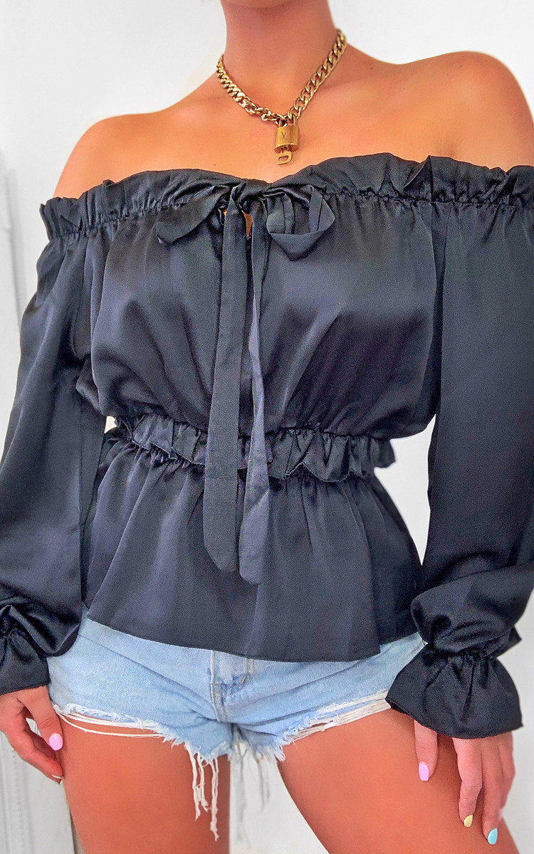 Black Monique Off Shoulder Satin Top | ikrush
