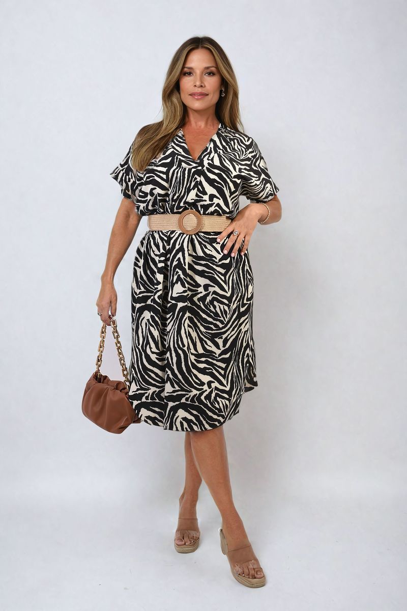 Zebra Olivia Zebra Print Belted Midi Dress | ikrush
