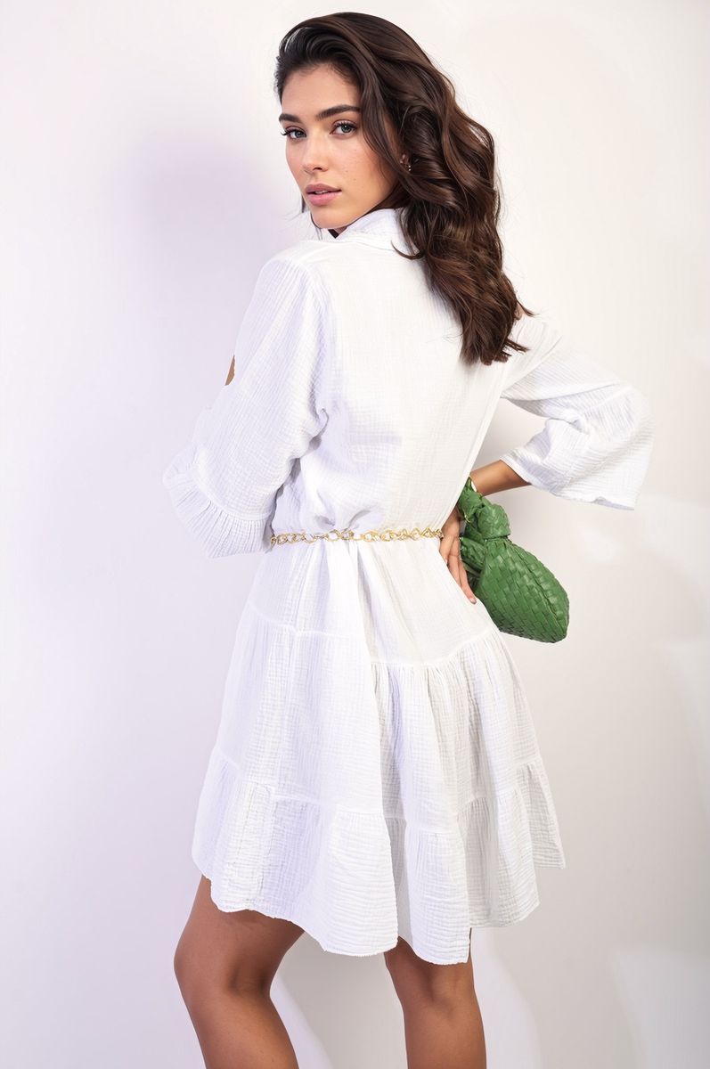 White Ophelia Button Front Tiered Smock Mini Dress | ikrush