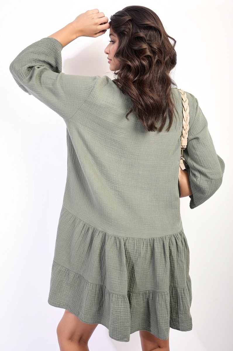Khaki Ophelia Button Front Tiered Smock Mini Dress | ikrush