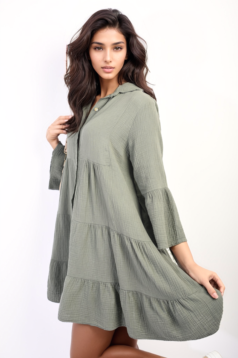 Khaki Ophelia Button Front Tiered Smock Mini Dress | ikrush