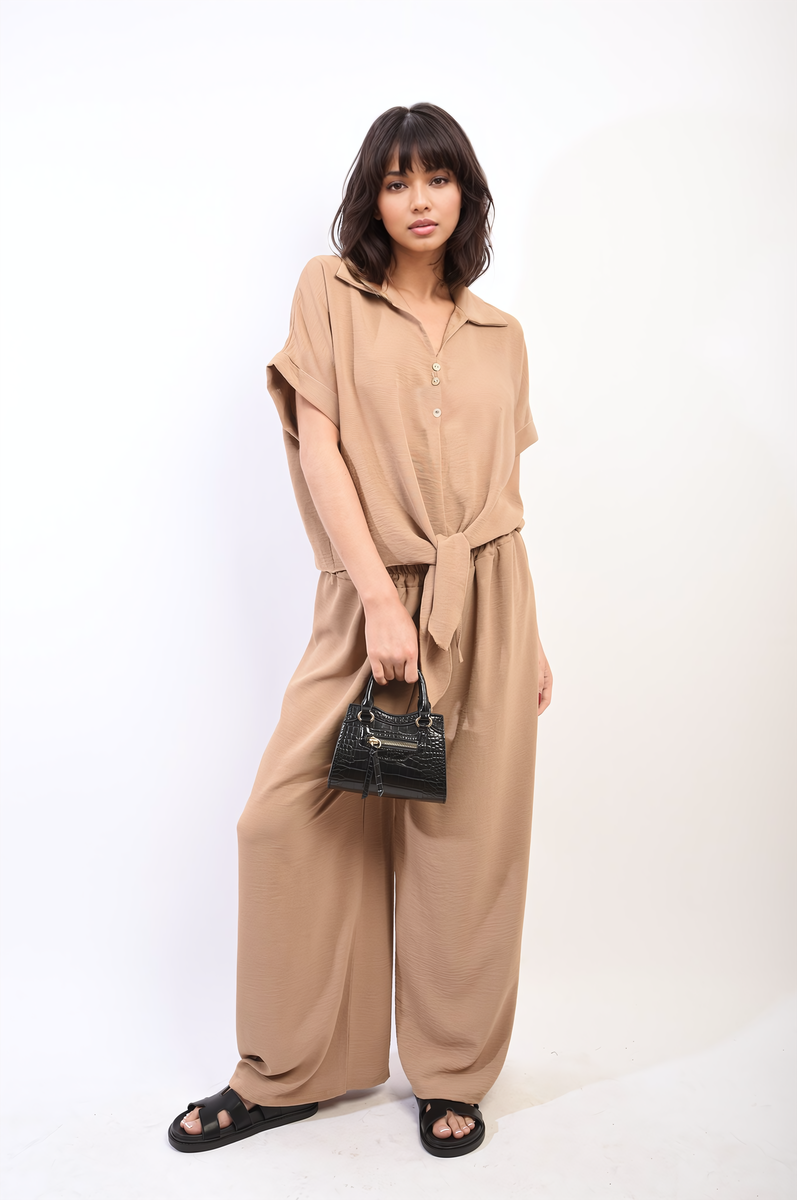 Mocha Ruby Tie Front Top and Wide Leg Pants Co-ord Set | ikrush