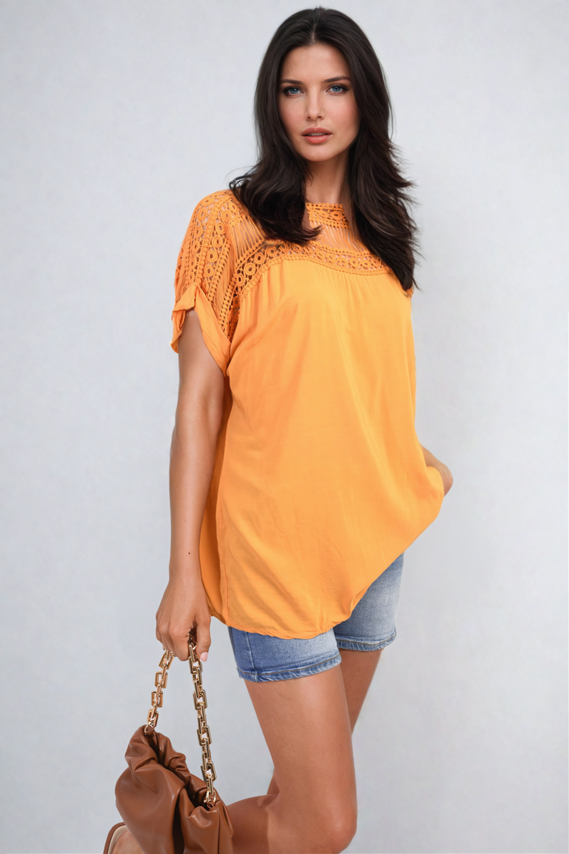 Orange Sylvia Lace Insert Round Neck Hollow Top | ikrush
