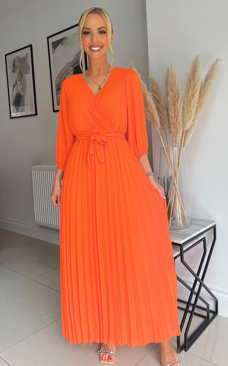 Tina Pleated Wrap Front Maxi Dress In Orange Ikrush