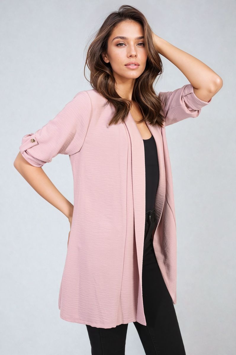 Pink Vivian Open Front Roll Up Sleeve Cardigan | ikrush