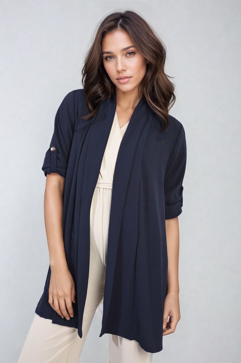 Navy Vivian Open Front Roll Up Sleeve Cardigan | ikrush