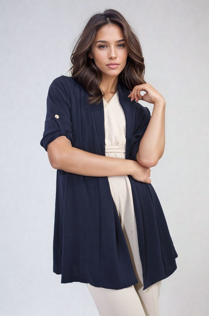 Navy Vivian Open Front Roll Up Sleeve Cardigan | ikrush