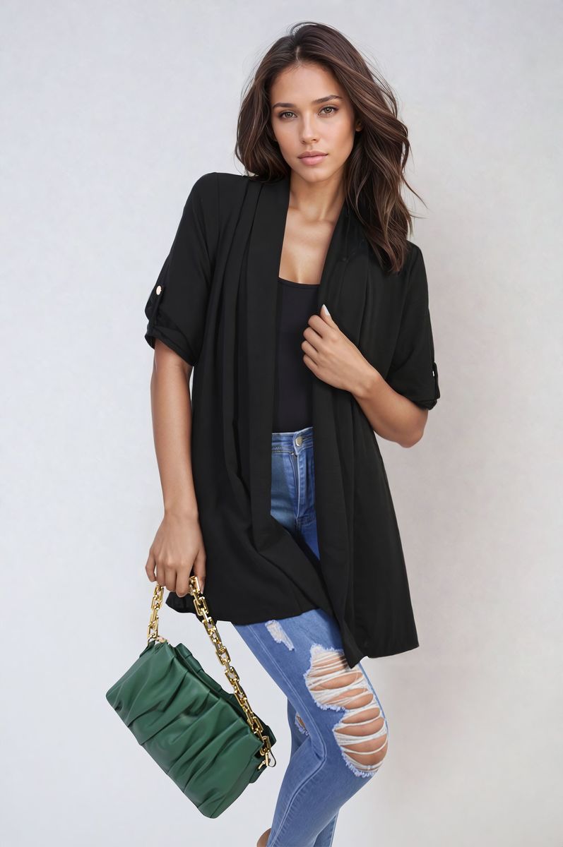 Black Vivian Open Front Roll Up Sleeve Cardigan | ikrush