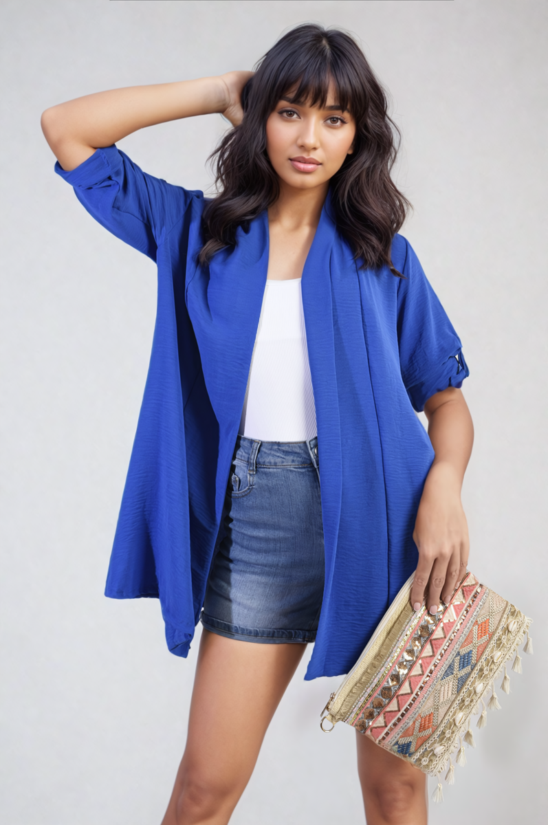 Royal Vivian Open Front Roll Up Sleeve Cardigan | ikrush