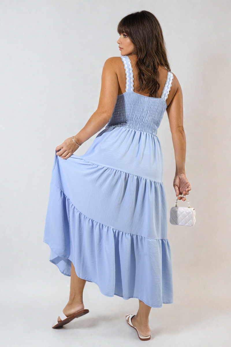 Zaylee Contrast Ric Rac Detail Multi Tiered Maxi Dress in Sky blue | ikrush